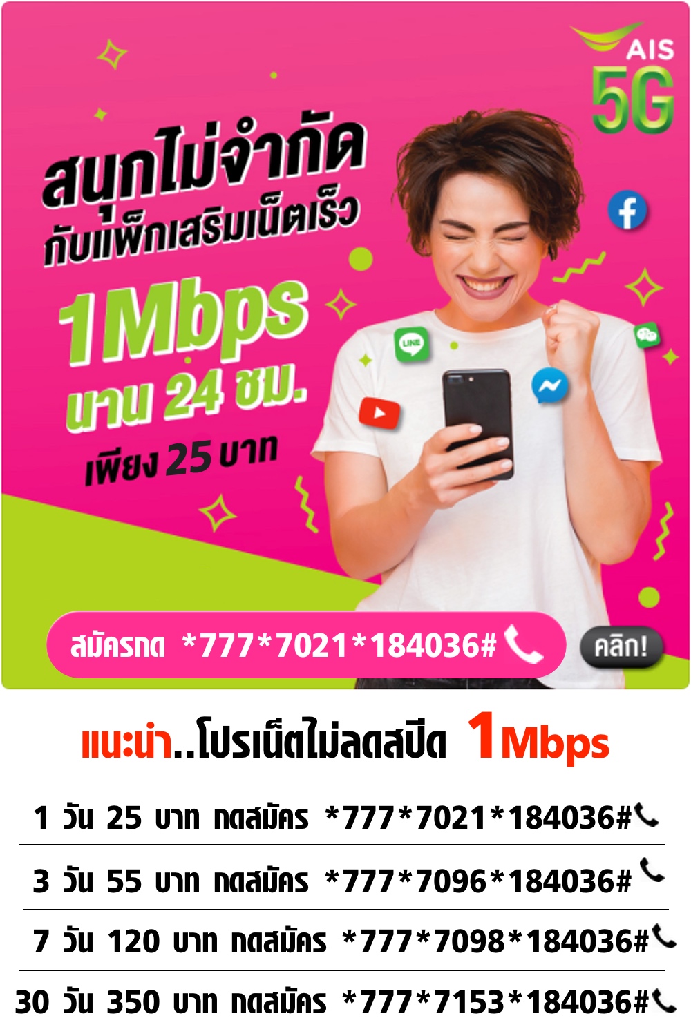 โปรเน็ต ais 1 วัน 25 บาท ,โปรเน็ต ais 2 วัน 35 บาท,โปรเน็ต ais 1mbps 3วัน 55 บาท,โปรเน็ต ais 1mbps 7