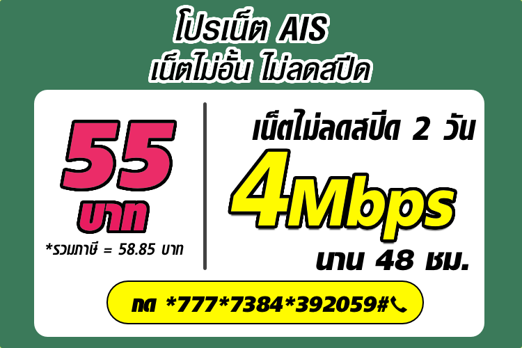 โปรเน็ต AIS 2 วัน ไม่ลดสปีด ความเร็ว 4Mbps เล่นได้ไม่อั้นนาน 2 วัน