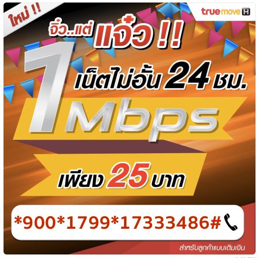 ใหม่! เน็ตทรูจิ๋วแต่แจ๋ว เน็ตทรูไม่อั้น 1Mbps 25 บาท 24 ชั่วโมง